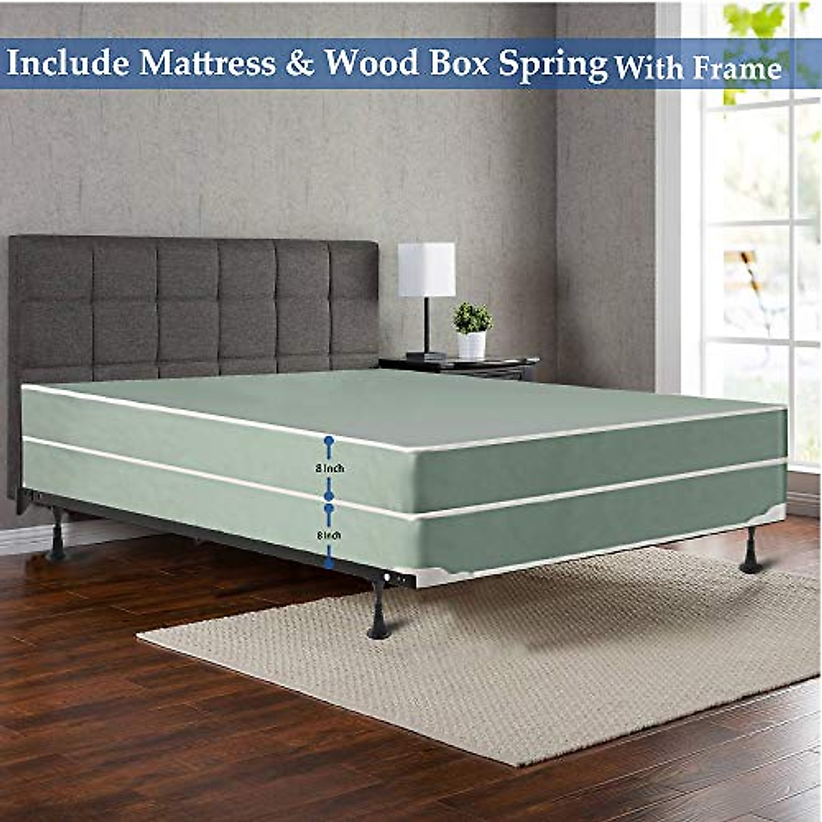 Mayton 8-Inch Firm Double sided Tight top Waterproof Vinyl Innerspring Mattress 8" Wood Box Spring/Foundation Set, With Frame, Queen
