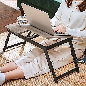 SONGMICS Laptop Desk for Bed or Sofa with Adjustable Tilting Top, Breakfast Serving Tray with Height Adjustable Folding Legs, Fits Screen Size up to 15.6 Inches, Floor Desk, Greige ULLD105W01