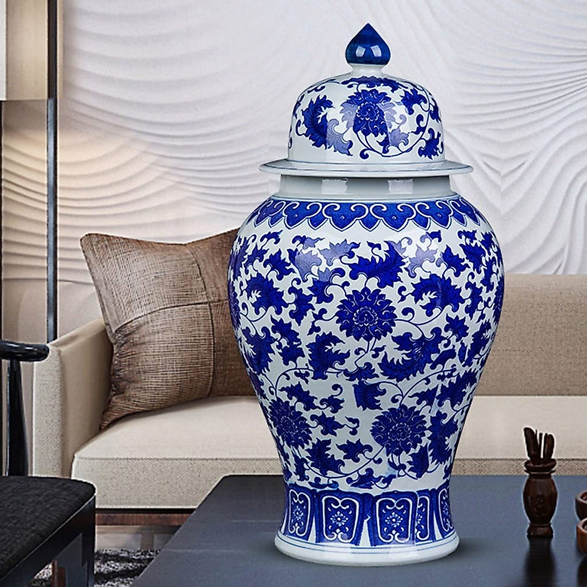 Chinese Blue &White Ginger Jar with Lid, Handmade Decorative Ceramic Temple Jar with Pattern, Storage Jar for Home Decoration Countertop Ornaments
