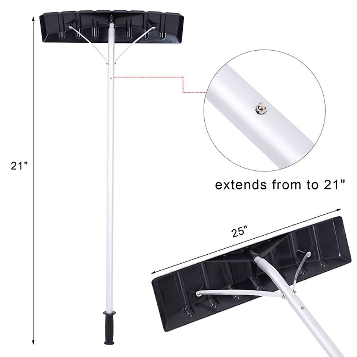 5-20FT Extendable Aluminum Snow Roof Rake Lightweight Snow Removal Tool TPE Anti-Skid Handle with 25" Wide Blade & 5-Section Extendable Tubes for Car Roof Vehicle Snow Wet Leaves Dribs