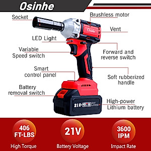 Osinhe 21V Cordless Impact Wrench, 406Ft-lbs (550N.m) Max Torque, Brushless 1/2 inch Impact Wrench, 1Pcs 4.0Ah Battery, Fast Charger, 5Pcs Driver Sockets, Drill & Screwdriver, Tool Box