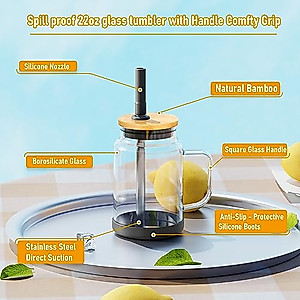 Tronco 22 oz Glass Tumbler with Handle,Glass Water Cup with Bamboo Lid Straw,Iced Coffee Cup Reusable boba Tea Cup With Silicone Sleeve, BPA Free