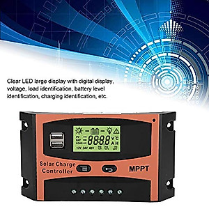 Qiilu 40A Solar Charge Controller, 12V/24V MPPT Solar Panel Regulator LCD Screen with Dual USB Port Auto Battery Controller