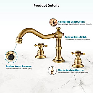 gotonovo 3-Hole Widespread Bathroom Faucet Double Cross Handle Mixer Tap for Bathroom Sink Deck Mount Hot Cold Water Matching Pop Up Drain with Overflow Antique Brass Victorian Spout