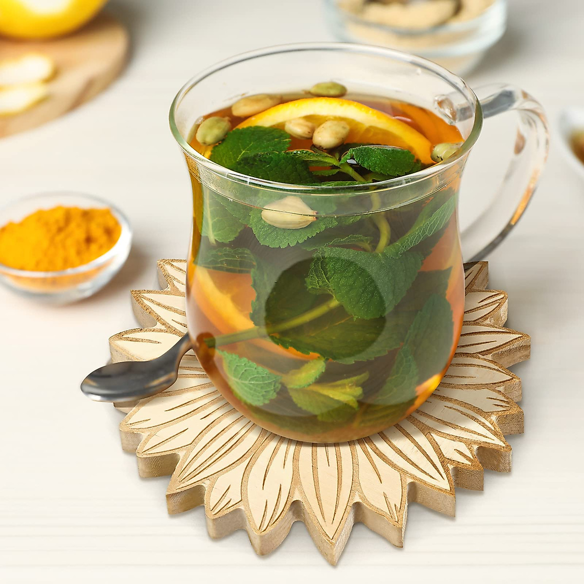 2 Pcs Sunflower Wooden Trivets for Hot Dishes Non Slip Heat Resistant Wood Trivet Mat Table and Kitchen Countertop Decor Dining Table Hot Pot Holder Sturdy Hot Pads for Pots Pans, 6 Inches