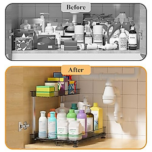 Fowooyeen Under Sink Organizer Storage: Kitchen Sink Organizer Pull Out 2-Tier Sliding Basket Drawer, Multi-Purpose Storage Shelf for Kitchen Bathroom (Black, 1 Pack)