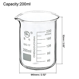 PATIKIL 200ml Low Form Glass Beaker, 2 Pack 3.3 Borosilicate Glass Graduated Printed Scale Measuring Cups with Spout for Kitchen Lab Liquids Transit Boiling