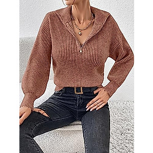 Verdusa Women's Casual Zip Up Long Sleeve Pullover Sweater V Neck Collar Knitted Top Pink XS