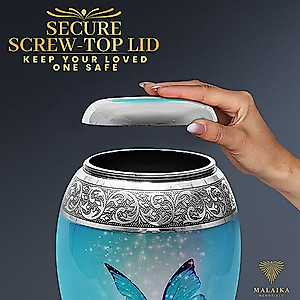Malaika Memorials Blue Butterfly Urn - Adult Cremation Urn for Human Ashes Women/Men - Cremation Urns for Ashes Adult Female/Male - Funeral Urns for Mother, Dad or Other Loved One up to 200 lbs