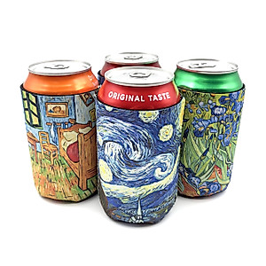EXIT82ART - Insulated Neoprene Can Coolers, Set of 4, Van Gogh Paintings, Fits 12 oz Cans and Longnecks, Collapsible, Dishwasher Safe.