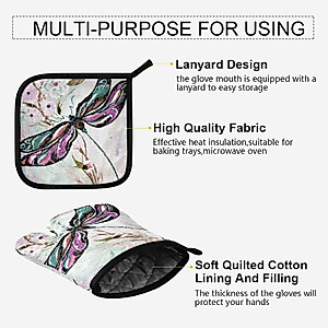 Oven Mitts and Pot Holders Set High Insulated Oven Gloves with Heat Insulation Pad Dragonfly Flowers Soft Cotton Lining and Non-Slip Surface Kitchen Mitten for Safe BBQ Cooking Baking