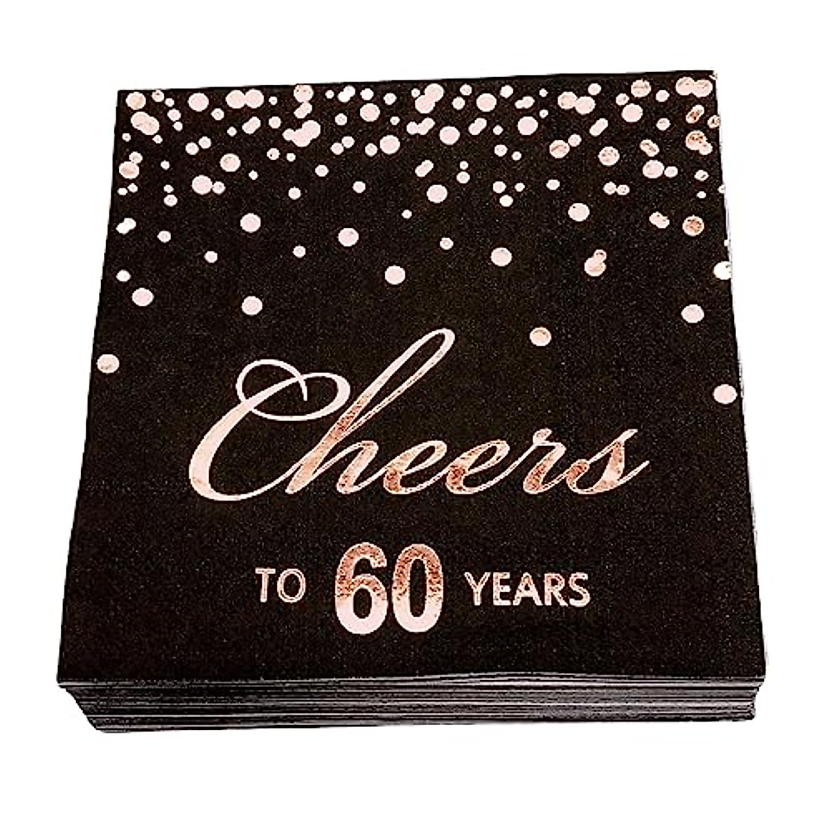 Rose Gold Foil Cocktail Napkins with Cheer 60 Years | Folded 5 x 5 Inches Disposable Party Napkins | 3-Ply Paper Beverage Napkins for 60th Birthday Decorations, Wedding Anniversary, Retirement, Black