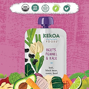 Kekoa Foods Beets, Fennel & Kale Baby Food Purée | 100% USDA Certified-Organic, No Sugar Added | Organic, Non-GMO, Gluten-Free, Vegan | Nutrient-Rich Blend with Leeks & Black Beans | 3.5 oz Squeeze Pouch