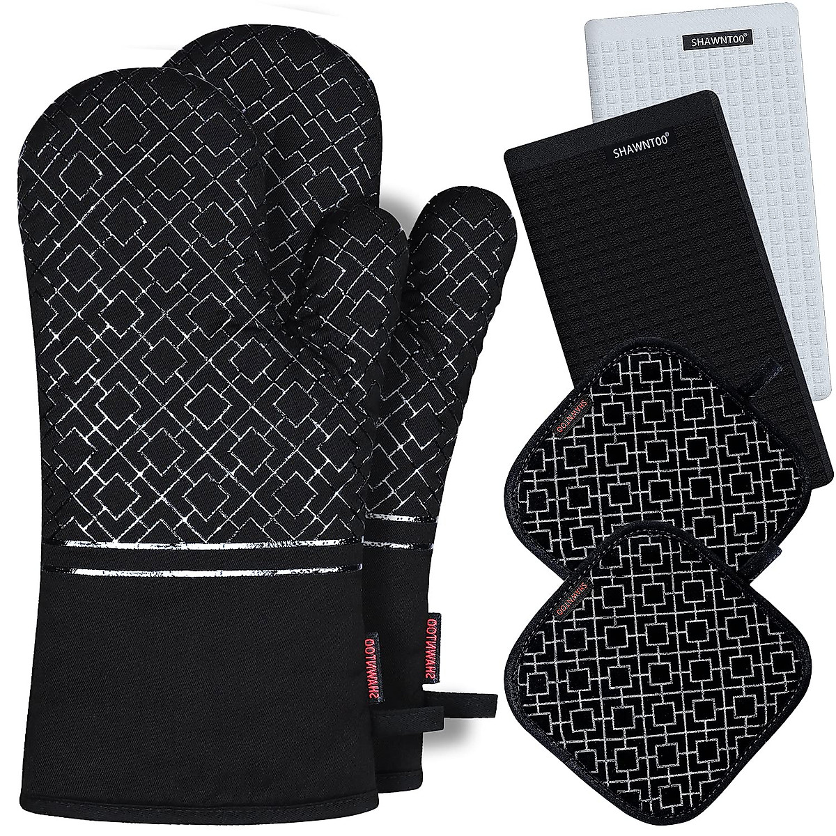 Oven Mitts and Pot Holders Set 6pcs, Kitchen Oven Glove,High Heat Resistant 550 Degree Extra Long Oven Mitts and Potholder with Non-Slip Silicone Surface for Cooking Baking Grilling…