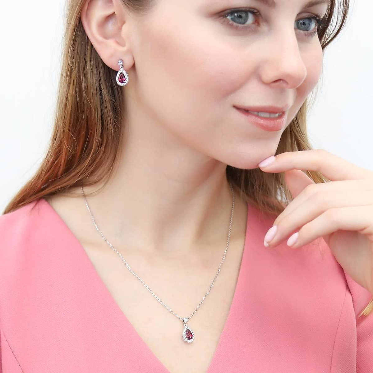 BERRICLE Sterling Silver Red Cubic Zirconia CZ Fashion Dangle Drop Earrings for Women, Rhodium Plated