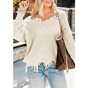 LEANI Women's Loose Knitted Sweater Long Sleeve V-Neck Ripped Pullover Sweaters Crop Top Knit Jumper Beige