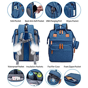 KABAQOO Diaper Bag Backpack, Large Baby Diaper Bags for Boys Girls, Baby Bag with USB Charging Port, Multifunction Waterproof Travel Back Pack for Moms Dads, Blue
