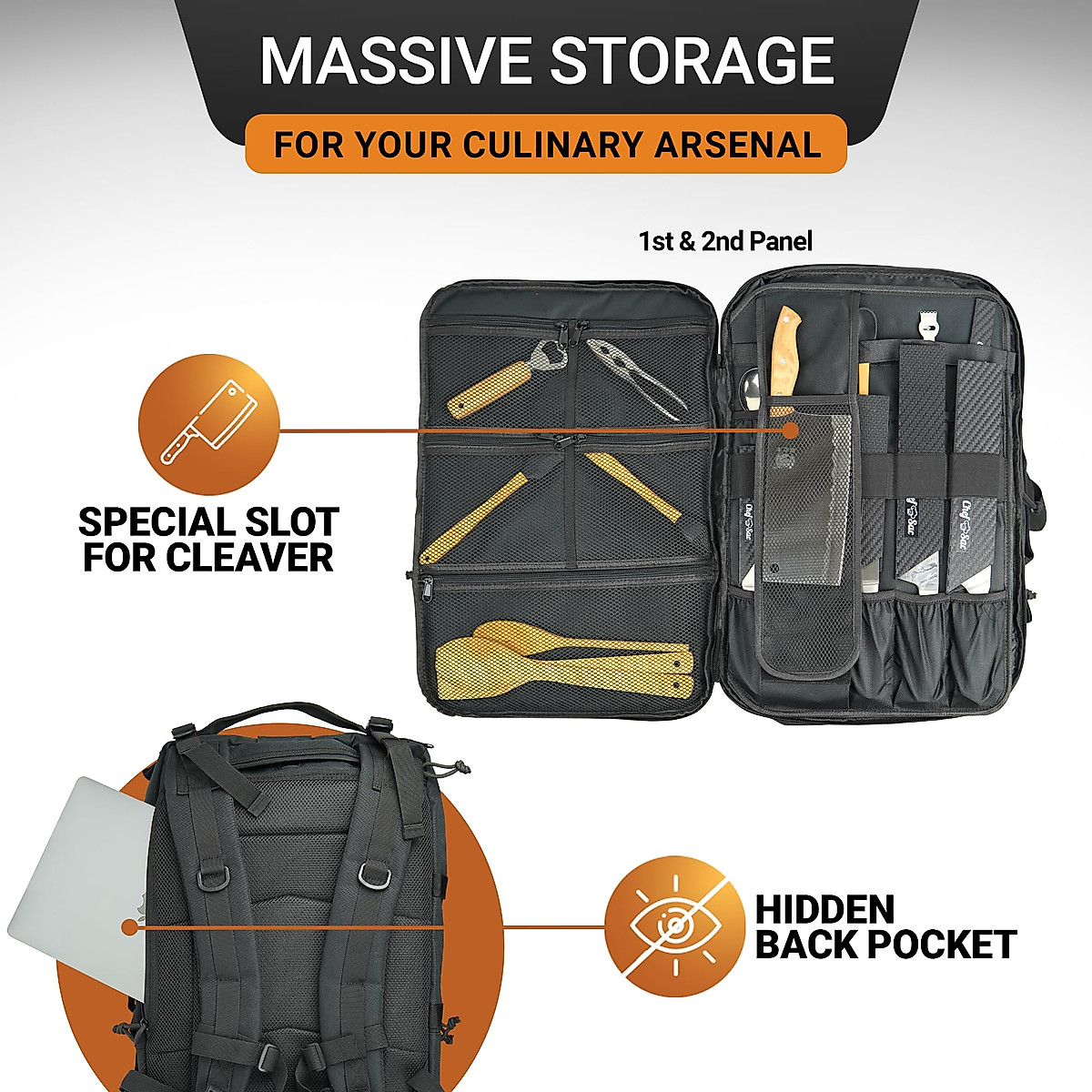 Chef Knife Bag Tactical Backpack | Knife Carrying Case with 30+ Pockets for Knives and Culinary Tools | Knife Organizer Bag for Chefs & Culinary Students | Knives & Tools Not Included (XL Size)