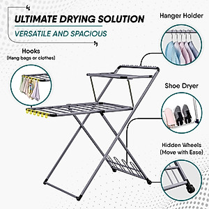 XABITAT Foldable Clothes Drying Rack with Shoe Hanger | Metal Construction, Non-Slip Feet | Dual Layer with Hooks | Hidden Wheels | Space Saving Portable | Ideal for Laundry Room, Indoor & Outdoor