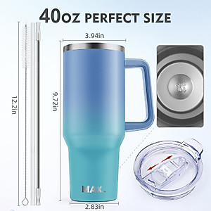 MaxBase 40 oz Tumbler with Handle and Straw Lid, Insulated Reusable Stainless Steel Travel Mug Keeps Drinks Cold up to 34 Hours, 100% Leakproof Bottle for Water, Iced Tea or Coffee, Smoothie and More
