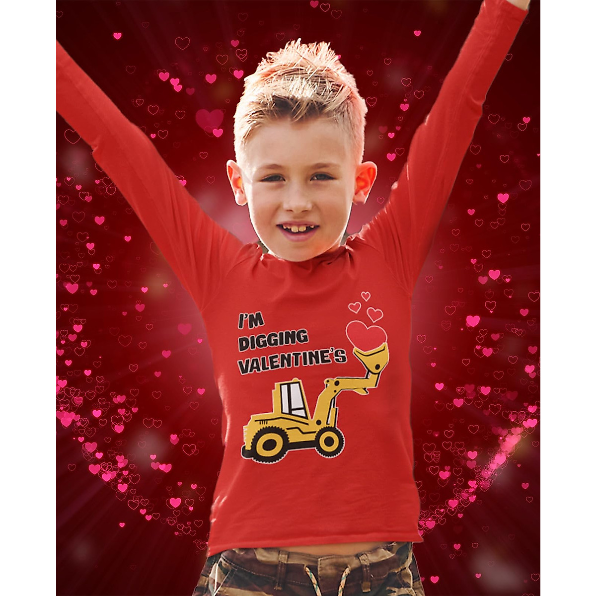 Tractor & Digger Toddler Boys Valentines Shirt Heart Dab Funny Valentine's Day Kids Long Sleeve T-Shirt for Toddlers 3T Red