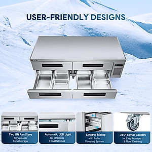 Wilprep Refrigerated Chef Base, 72" 4 Drawer Commercial Chef Base Refrigerator with 12 Stainless Steel GN Pans, Commercial Kitchen Equipment Stand Refrigerator