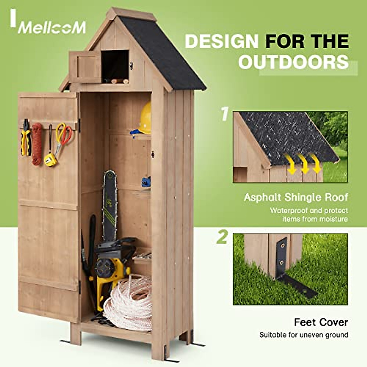 MELLCOM Outdoor Storage Shed, 70" Wood Garden Shed with Lockable Doors, Weather Resistant Tool Shed Organizer for Patio, Garden, Backyard, Lawn
