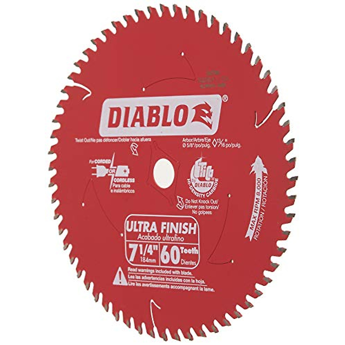 Freud D0760A Diablo 7-1/4" x 60-Tooth Ultra Fine Finishing Circular Saw Blade with 5/8" Arbor and Diamond Knockout Single Blade