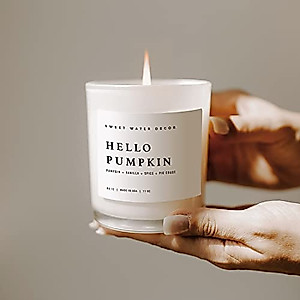 Sweet Water Decor Hello Pumpkin Soy Candle | Pumpkin | Warm Spices | Vanilla | Whipped Cream | Buttery Pie Crust Scented Candle for Home | 11oz White Jar Candle, 50+ Hour Burn Time, Made in the USA