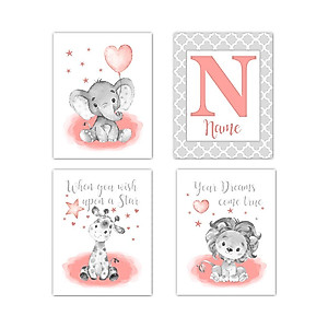 Personalized Baby Girl Nursery Art Elephant Giraffe Lion Wall Decor 4 UNFRAMED PRINTS