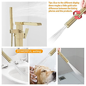 BESy Freestanding Bathtub Faucet Waterfall Tub Filler Brushed Gold Floor Mount Brass Single Handle Bathroom Tub Faucets with 2 Function Hand Shower Wand