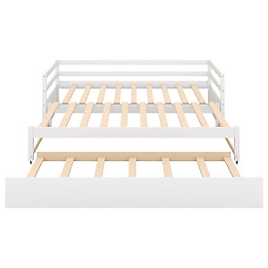 LUSPAZ Twin to Double Twin Daybed with Trundle Platform and Headboard for 3 People, White