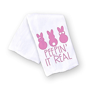Handmade Happy Easter Kitchen Towels - 100% Cotton Pink Peepin It Real Cute Easter Dish Towel for Kitchen or Bathroom - 28x28 Inch Cute Housewarming Spring Cooking Party (Peepin It Real)