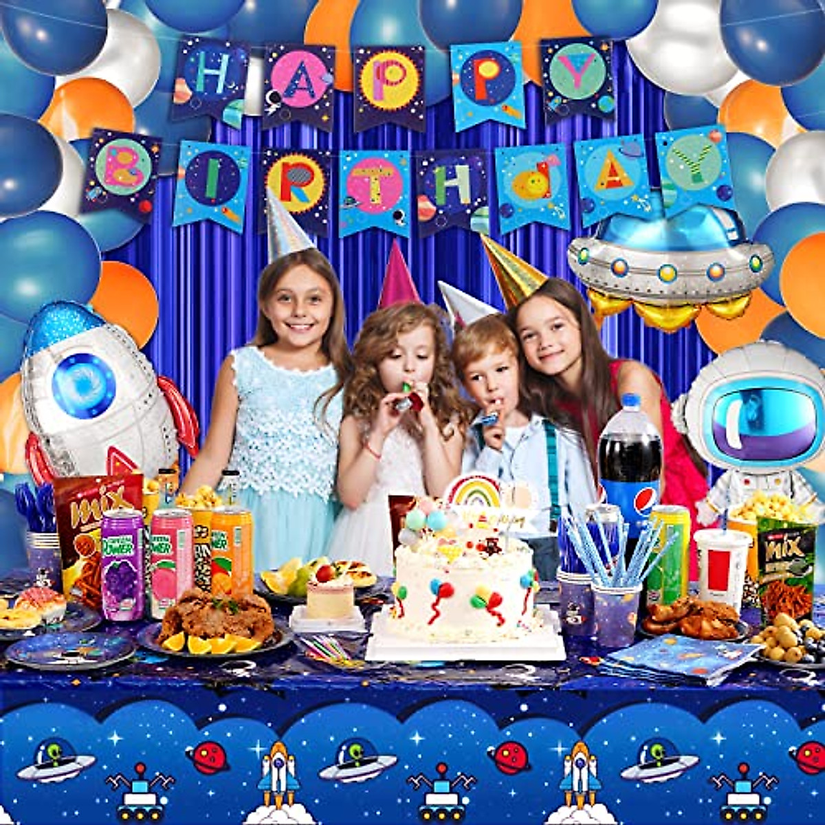 SCIONE Space Party Decorations,199Pcs Outer Space Themed Galaxy Birthday Party Supplies,Plates,Napkins,Cups,Tablecloth,UFO Rocket Balloons for 16 Guests Boys Girls Astronaut Birthday Party Favors