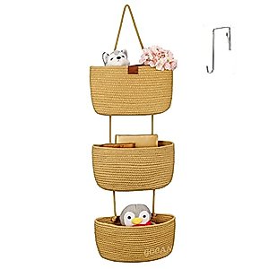 GOCAN Hanging Storage Baskets Over the Door Hanging Basket, 3-Tier Cotton Rope Woven Hanging Organizer, Detachable Decorative Hanging Baskets for Wall Living Room, Bathroom and Bedroom(Jute)