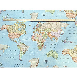 HomeBuy World Map 3 Designer Curtain Upholstery Cotton Fabric Material - 55'' Wide Sky Blue (Sold The Yard)