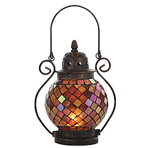 Lily's Home Decorative Candle Lanterns, Mosaic Glass and Wrought Iron Tea Light Candle Holder for Indoor or Outdoor Hanging Lantern. Candle NOT Included. Orange and Gold