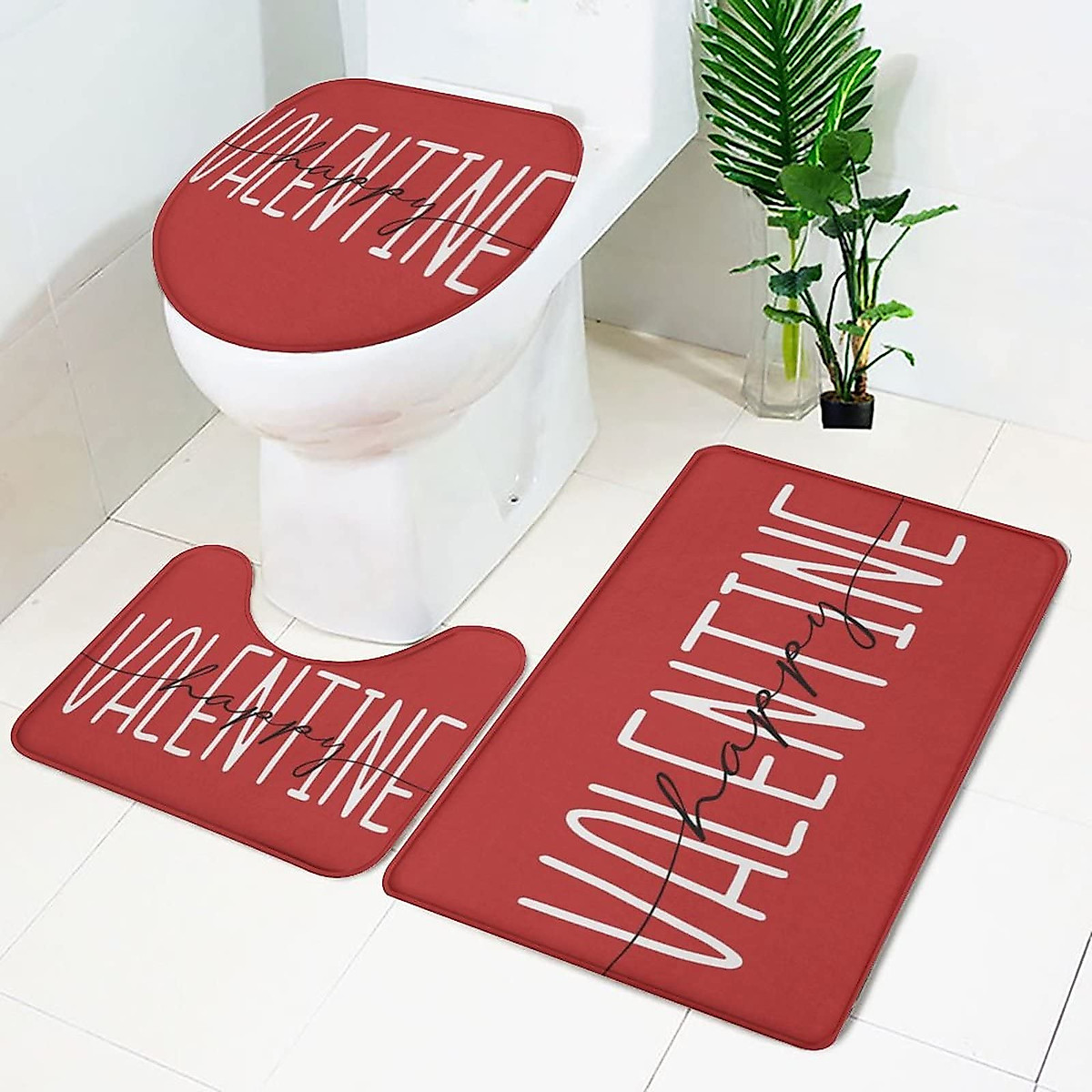 Royalours Valentines Day Kitchen Rugs Set of 3,Valentines Anniversary Wedding Holiday Red Happy Valentine Day Quote Words Decorative Low-Profile Mats for Home Kitchen Bathroom Rug
