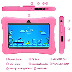 Android Tablet, 7Inch Android 10 Tablet, 1GB RAM 32GB ROM, 512GB Expandable, 3000mAh, Dual Camera, Quad Core 1.5GHz, Preinstalled Kids App, Gifts (Light Pink)