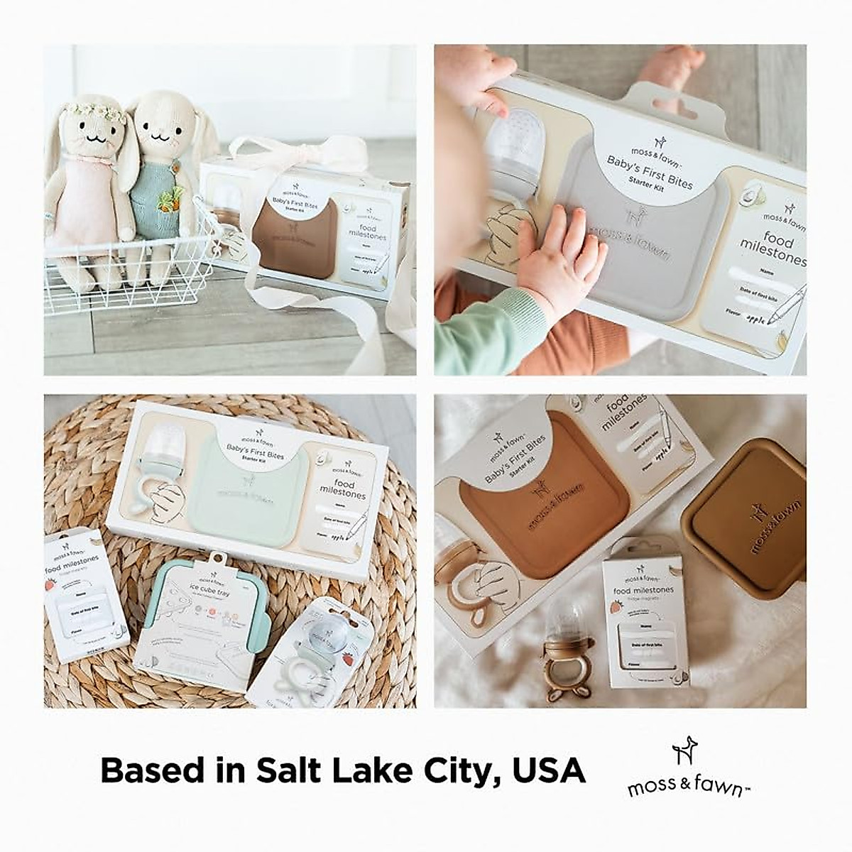 Moss and Fawn Baby’s First Bites Starter Kit – Ice Cube Tray, Forage Feeder, Freezer Mold & Pacifier Feeder – Milestone Magnet for Food Tracking & Feeding Tips – Baby Food Prep Essentials - Ecru