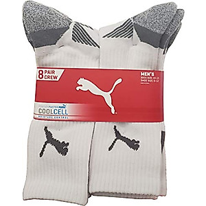 Puma Men's Crew Sock Moisture Control, 8 Count, Sock size 10-13, Shoe size 6-12, Grey