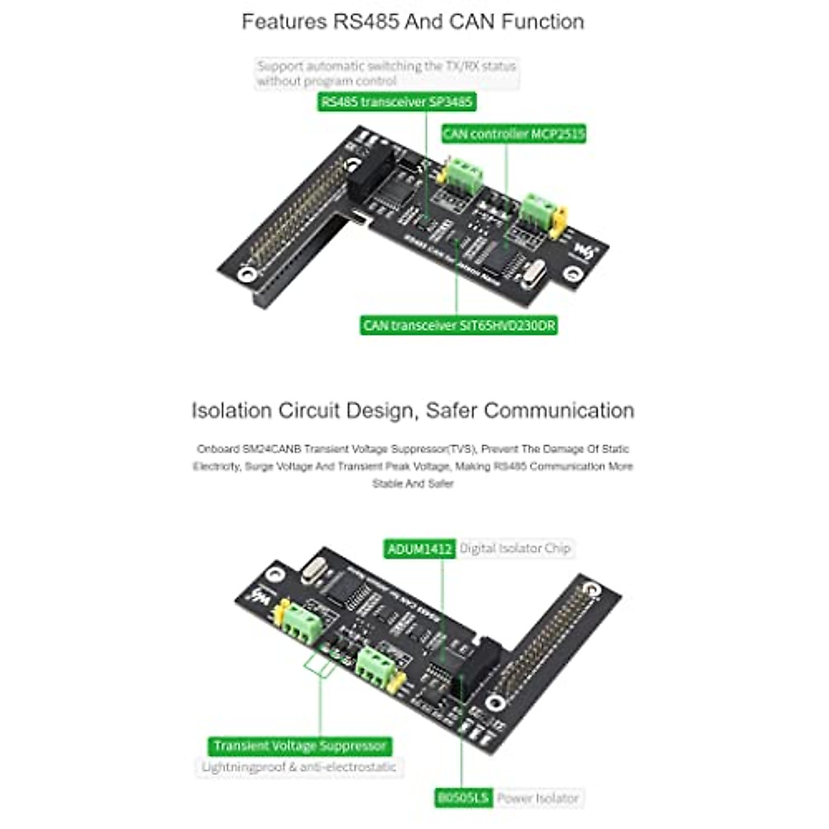 Coolwell RS485 CAN Expansion Board for Jetson Nano, Isolation Circuit Design, Onboard TVS, Built-in Protection Circuit