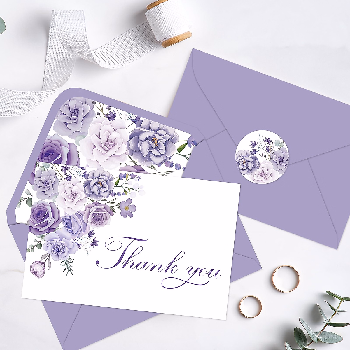 Whaline 24Pcs Lavender Floral Thank You Cards with Envelopes and Stickers Purple Floral Greeting Cards Elegant Flower Blank Note Cards for Party Supplies