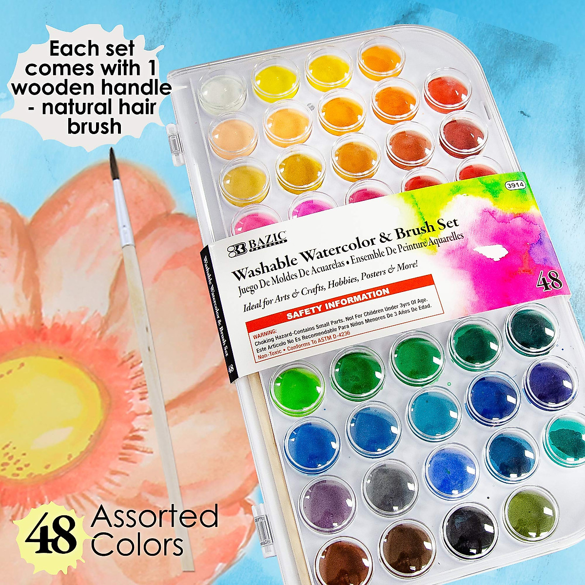 BAZIC Watercolor w/ Brush & Mixing Palette, 48 Color Non-Toxic Paint Set, for Hobby Fun Art Supplies Vibrant Painting, Gift for Kids Artists, 1-Pack