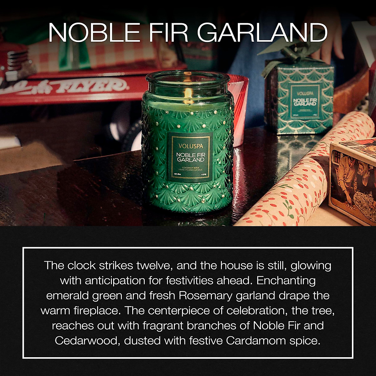 Voluspa Noble Fir Garland, Large Candle Jar, 18oz, Coconut Wax Blend, Christmas Scented Candles for Home, 100 Hour Burn Time, Poured in The USA
