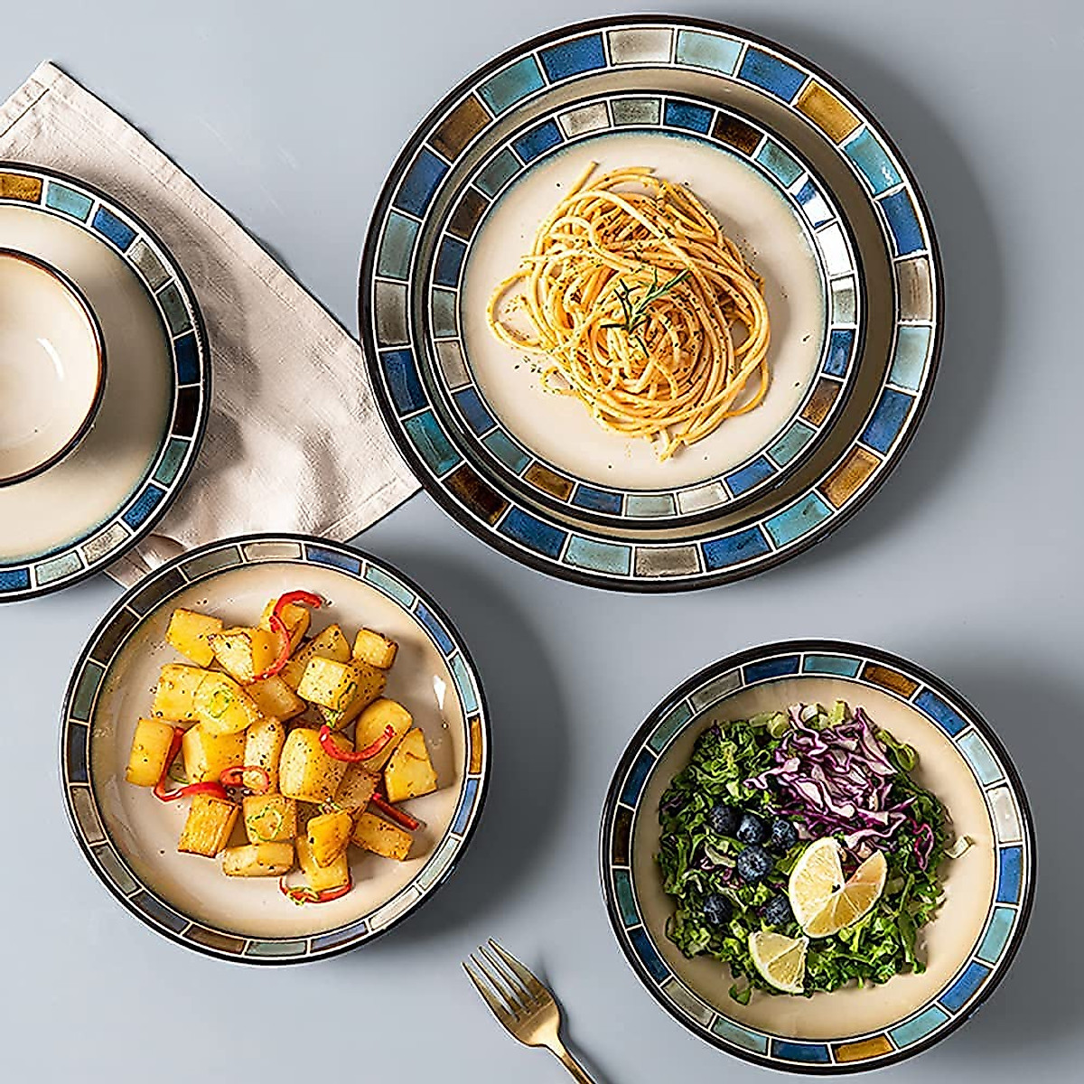 Porcelain Dinnerware SetKitchen Tableware Set,Ceramics Dinnerware Sets, Plates and Bowls Sets | 26 Pcs Blue Kiln Change Glaze Dishes Set - Colorful Plates for Family Outdoor Party