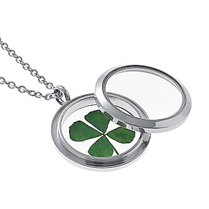 FM FM42 Silver-tone Dried Leaves Lucky 4-Leaf Clover Round Glass Stainless Steel Locket Pendant Necklace FN3059