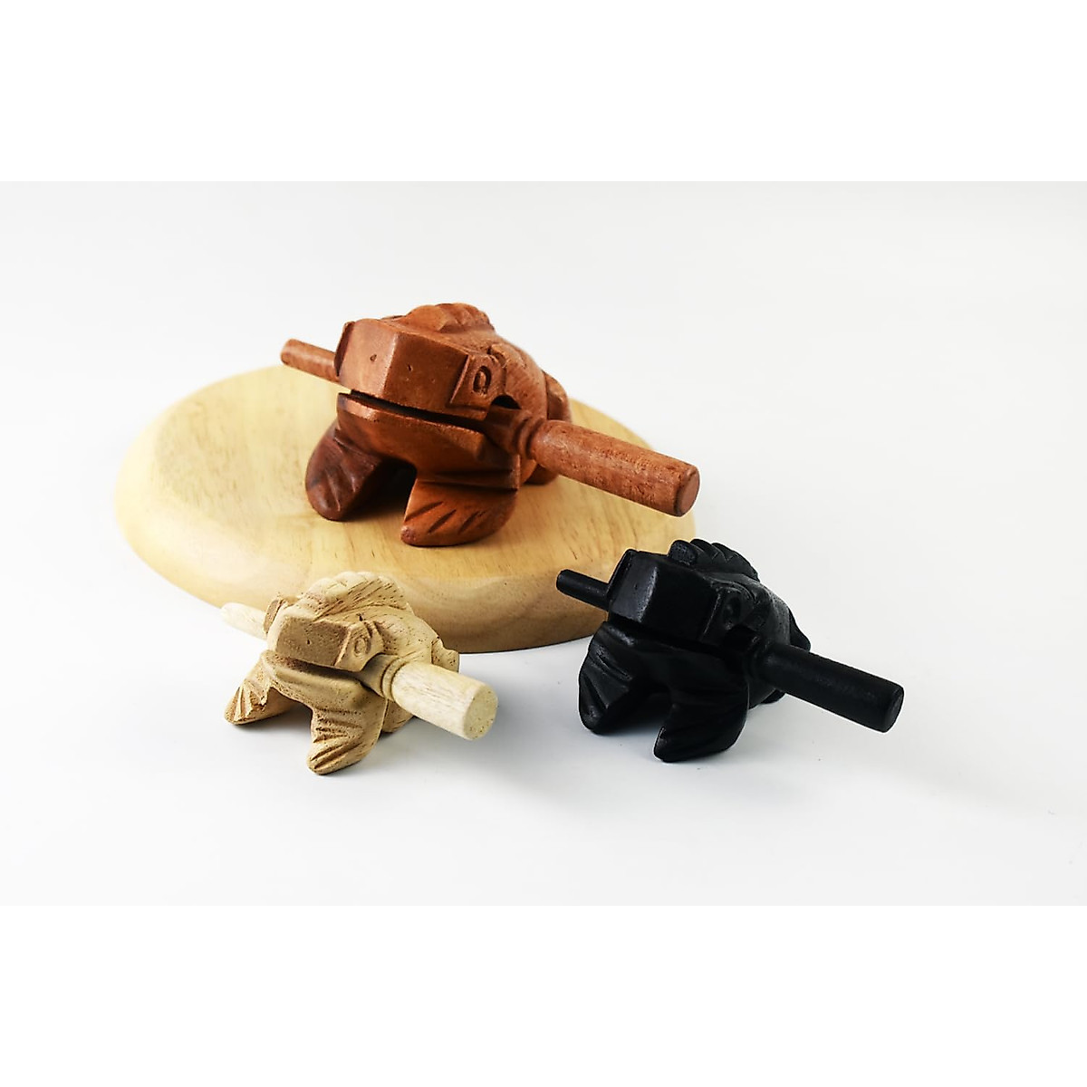 Guiros Percussion Instruments Wooden Frog 3 Piece Set of 4 Inch, 3 Inch, 2.75 Inch, Wooden Frog Musical Instrument (Brown/Black/Natural Color)