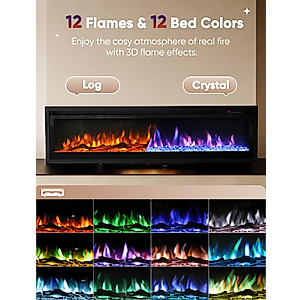 50" Electric Fireplace Inserts and Wall Mounts with Remote Controls 12 Realistic 3D Flame Colors, 750/1500 W Heater, Adjustable Temperature 62F to 82F, Low Noise, 8 Hour Timer, Log and Crystals