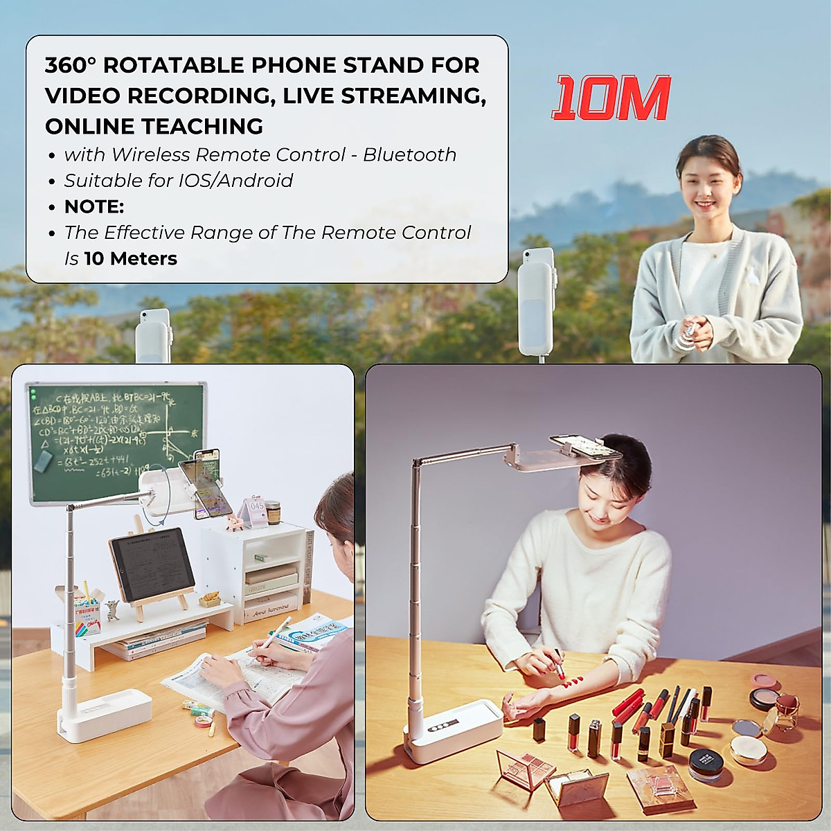 beyonday Foldable Phone Holder for Recording, Selfie Stand with Rechargeable LED Light&Wireless Remote Control 360° Rotatable Retractable Phone Stand for Video Recording/Live Streaming/Online Teaching